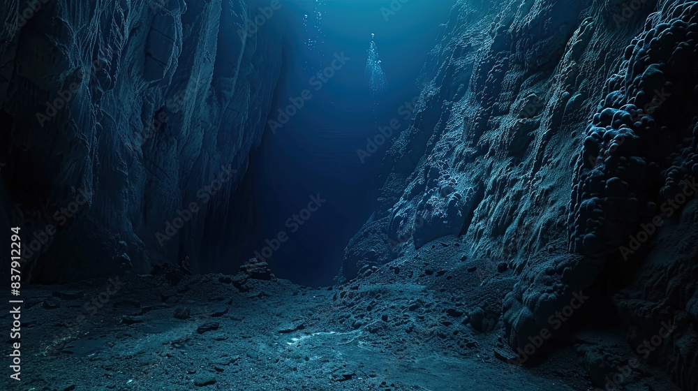 A rare underwater view of the Mariana Trench in the Pacific Ocean, in a ...