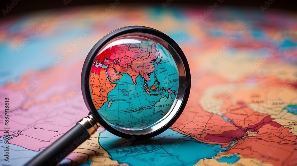 magnifying glass on the globe, magnifying glass on the world map, magnifying glass on the map of ...