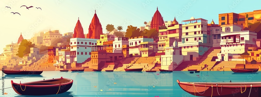 ภาพประกอบสต็อก city of Varanasi with river Ganges in India. cartoon ...