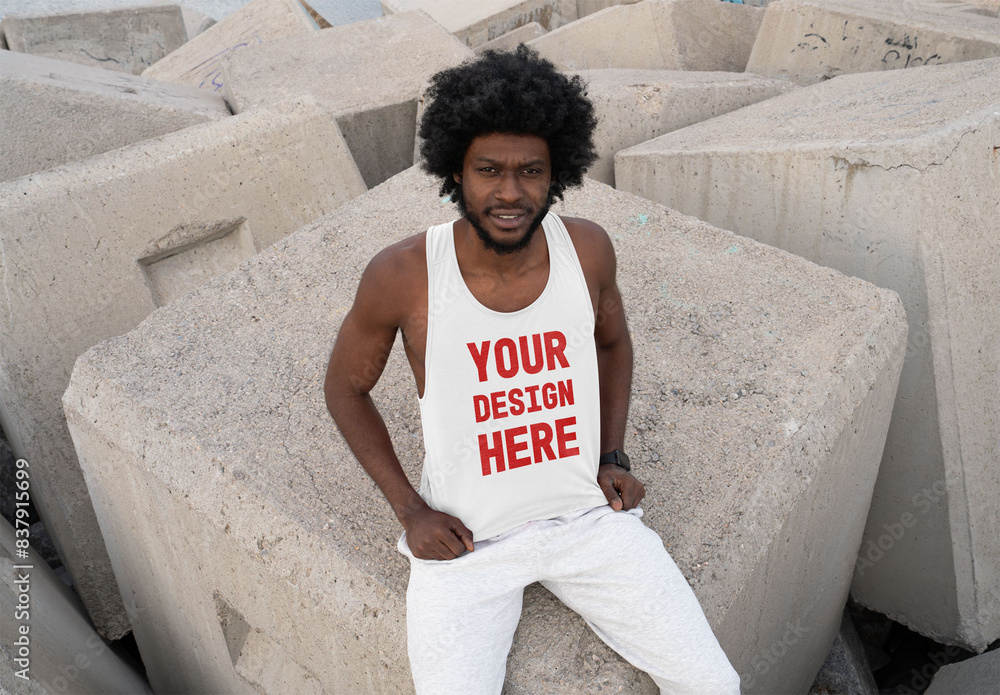 Mockup of man wearing customizable vest on concrete blocks Stock ...