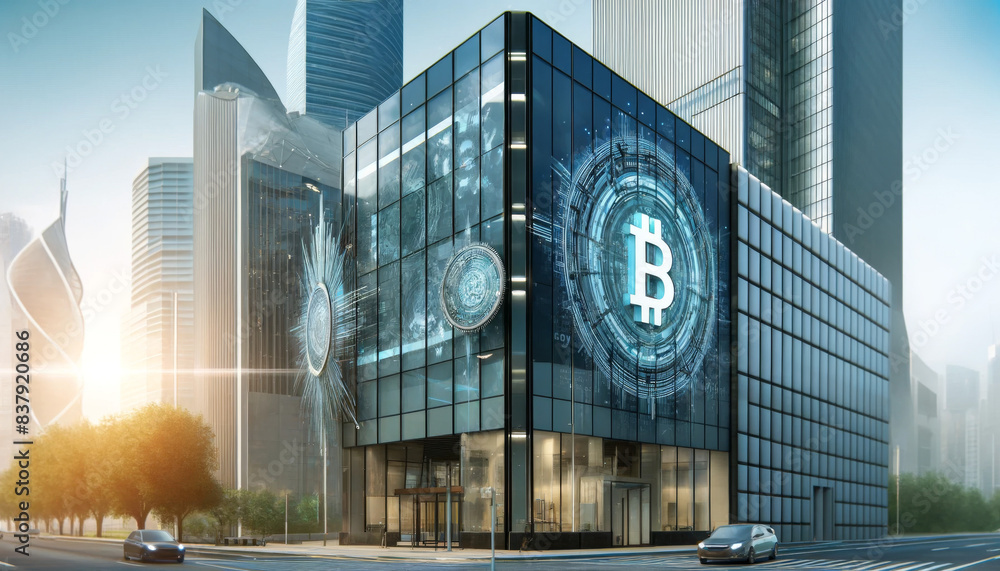 The exterior of a modern, high-tech bank building with an innovative ...