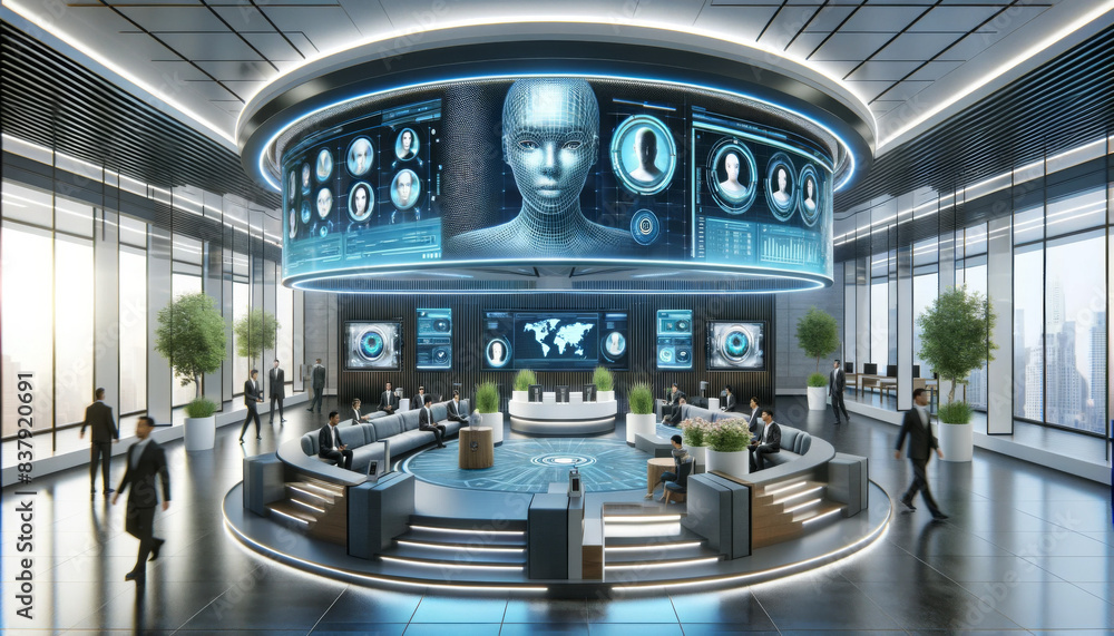 A futuristic bank lobby equipped with cutting-edge surveillance ...