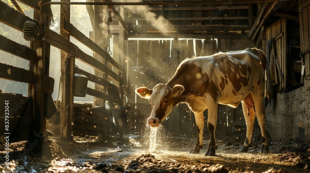 cow being milked in a traditional farm setting Stock Illustration ...