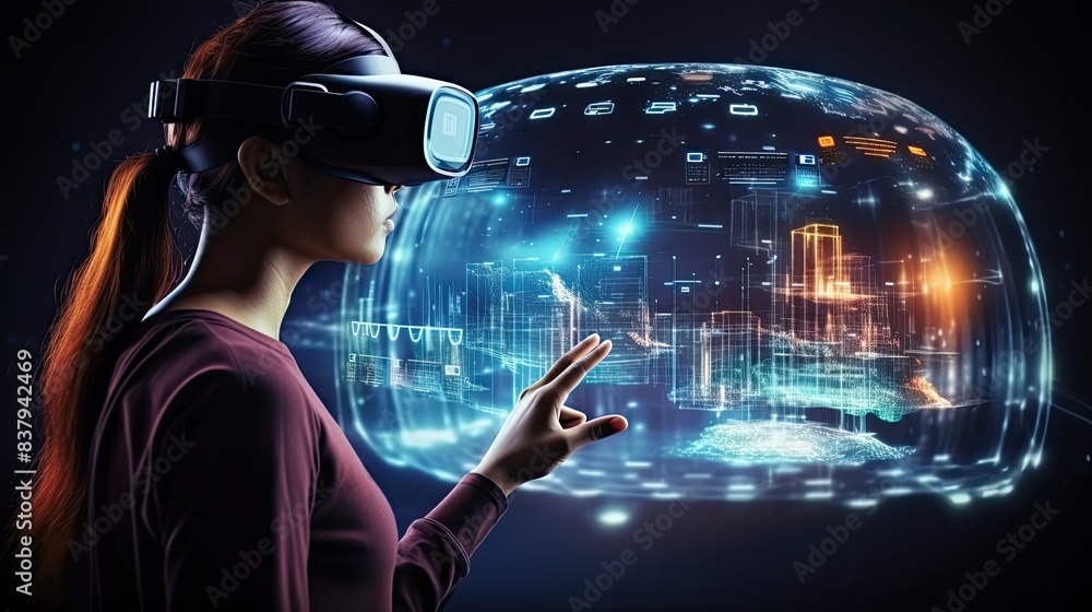 Virtual reality interface, cybersecurity concept, holographic data ...