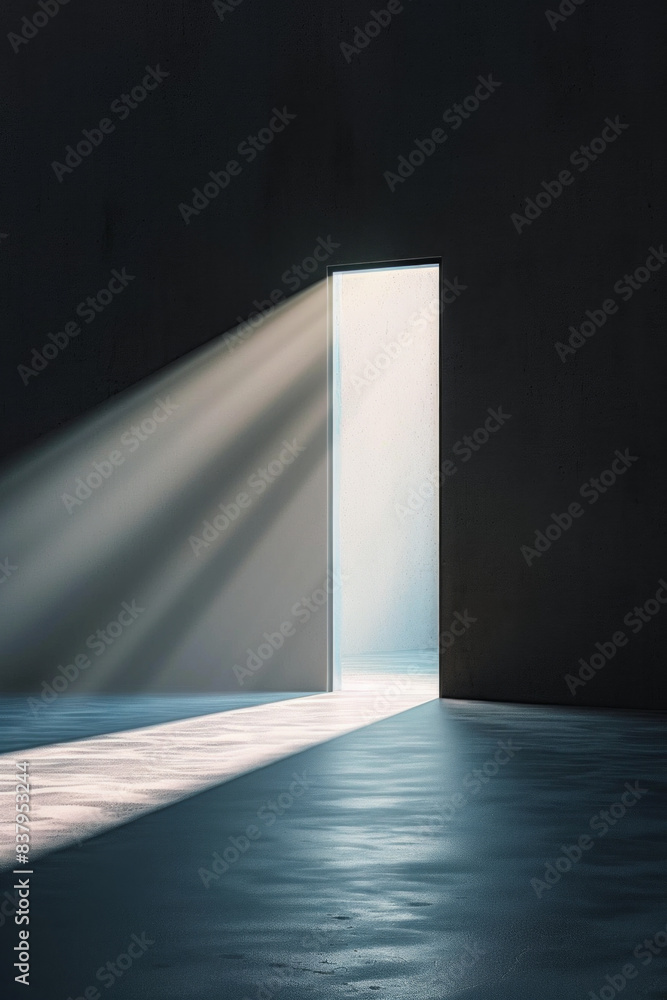 A minimalist door slightly open with a beam of bright light spilling ...