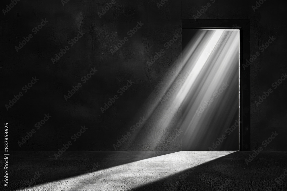 A minimalist door slightly open with a beam of bright light spilling ...