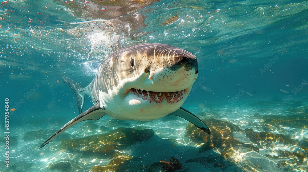 Spectacular view of a great white shark swimming in clear water, with ...