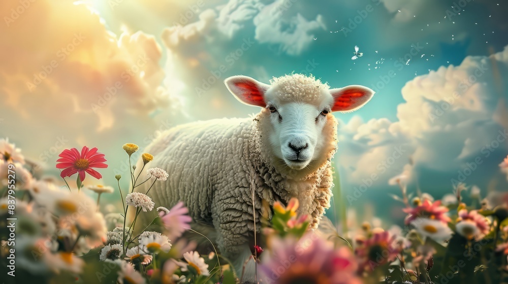 Sheep standing under blooming flowers with a cloudy background for eid ...