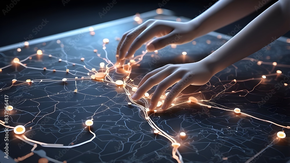 A visual representation of digital hands on a map, indicating AI ...