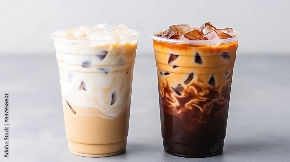 Iced americano coffee and coffee milk on grey background, coffee ...
