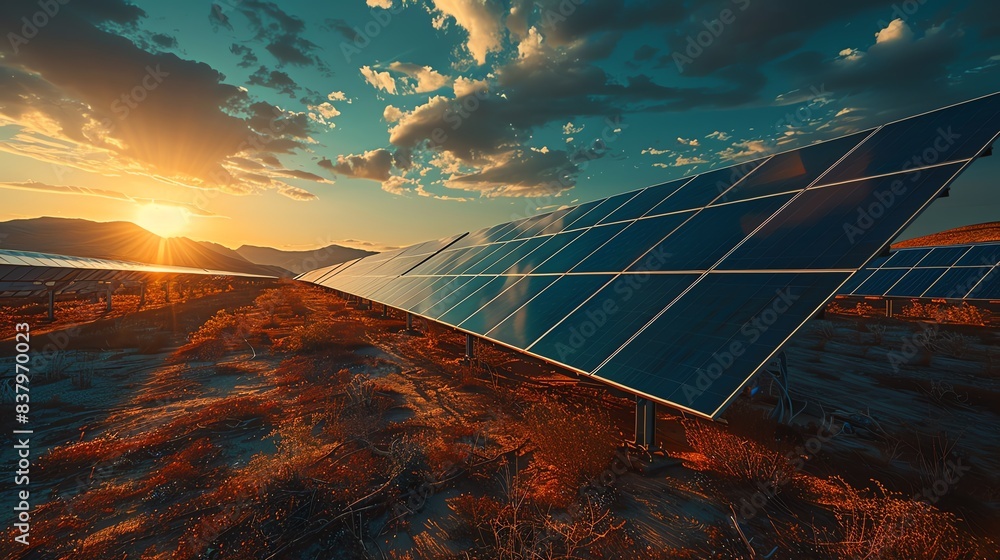 Desert solar farm with thousands of reflective solar panels, bright sun ...