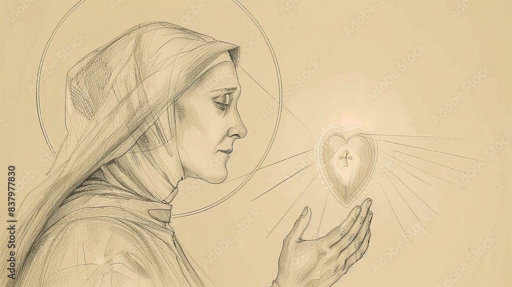 Saint Margaret Mary Alacoque in deep prayer receiving a vision, Sacred ...