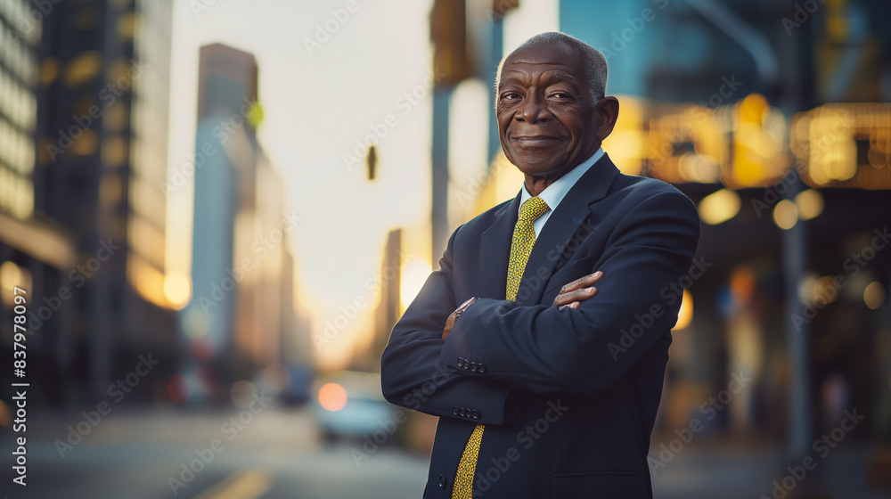 Senior African American business man stands on the street of a big city ...