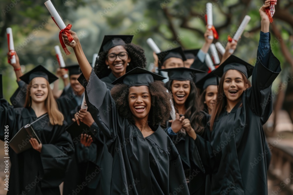 Group of happy diverse graduates in black caps and gowns, lifting their ...