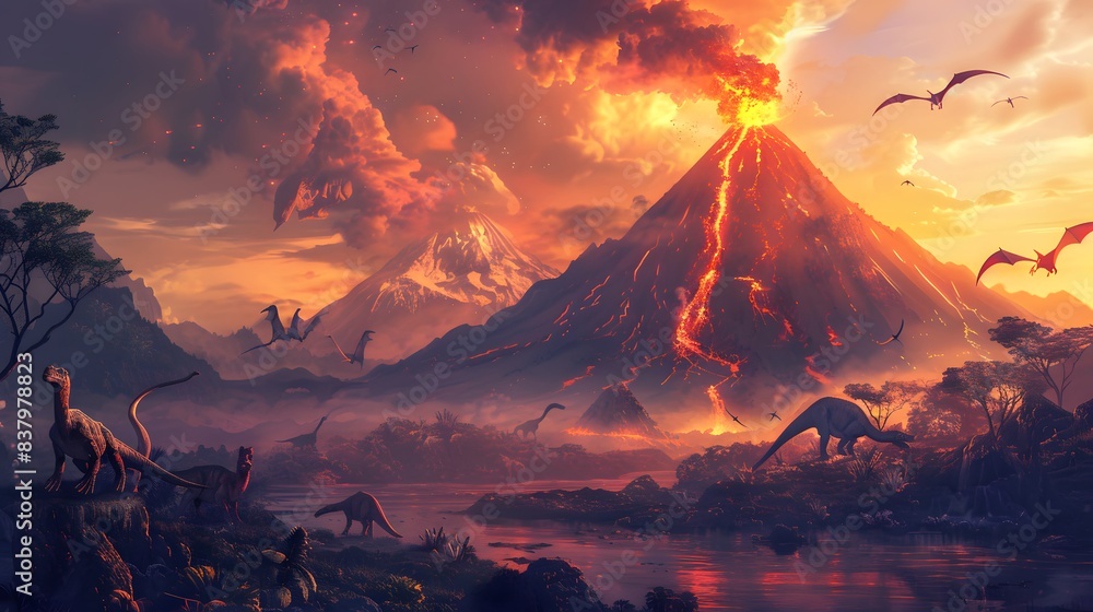 Epic prehistoric landscape featuring a volcanic eruption with dinosaurs ...