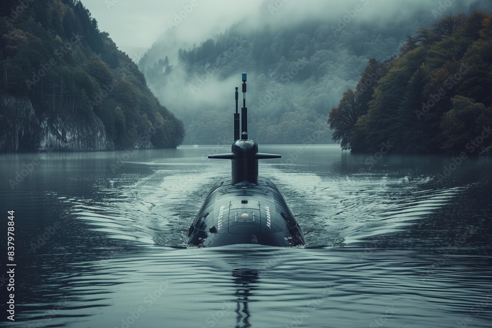 Naval submarine on the sea surface rush at fast speed from around rock ...