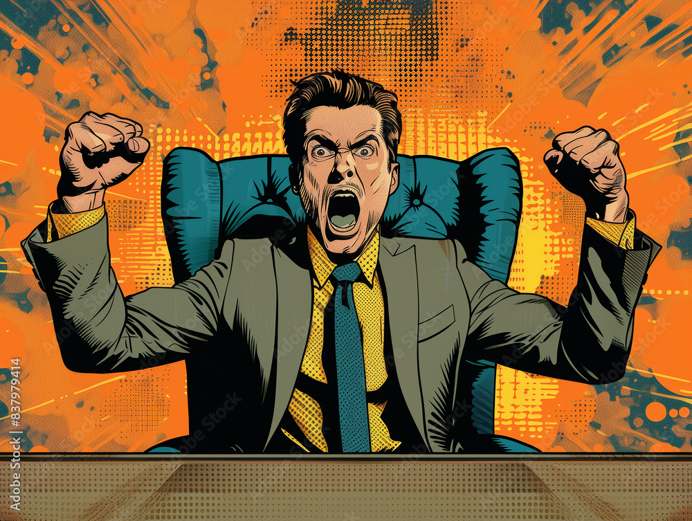 a comic-style illustration of an angry man in a suit behind a desk ...
