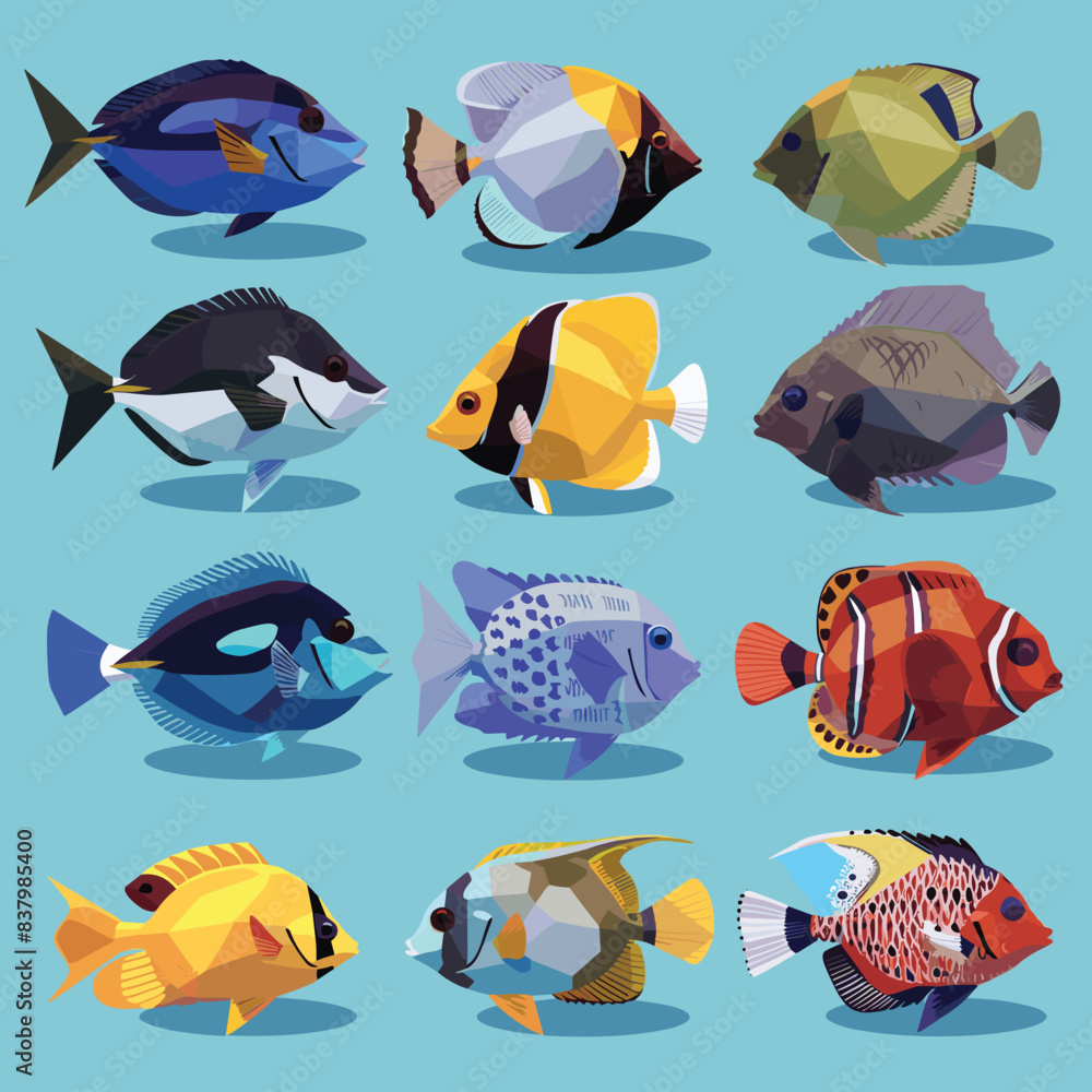 Collection colorful tropical fish illustrations blue background ...