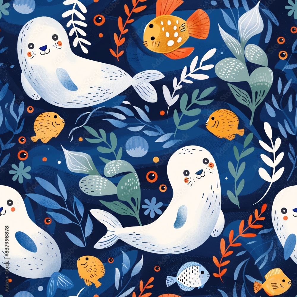 An adorable underwater pattern with cartoon seals, Nemo fish, leaves ...