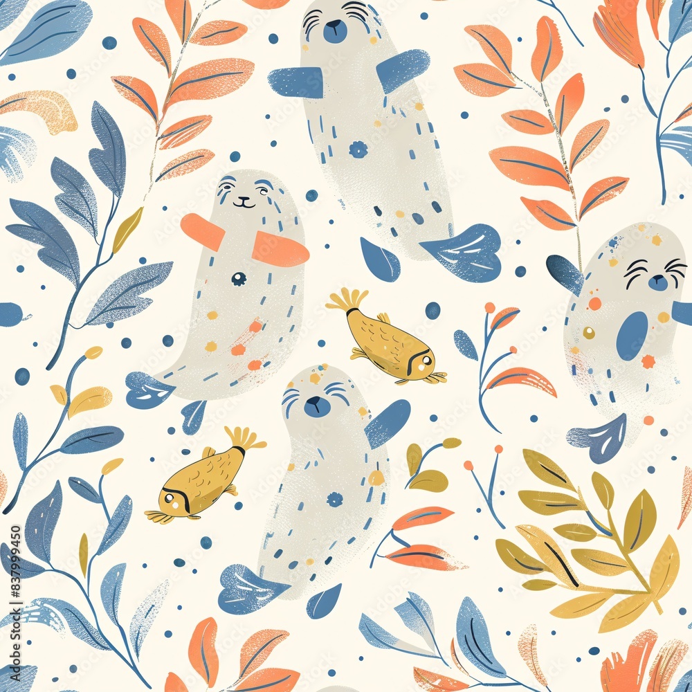 A whimsical underwater pattern with adorable seals, Nemo fish, leaves ...