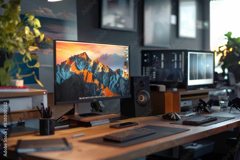 Modern home office setup featuring a desktop computer with a stunning ...