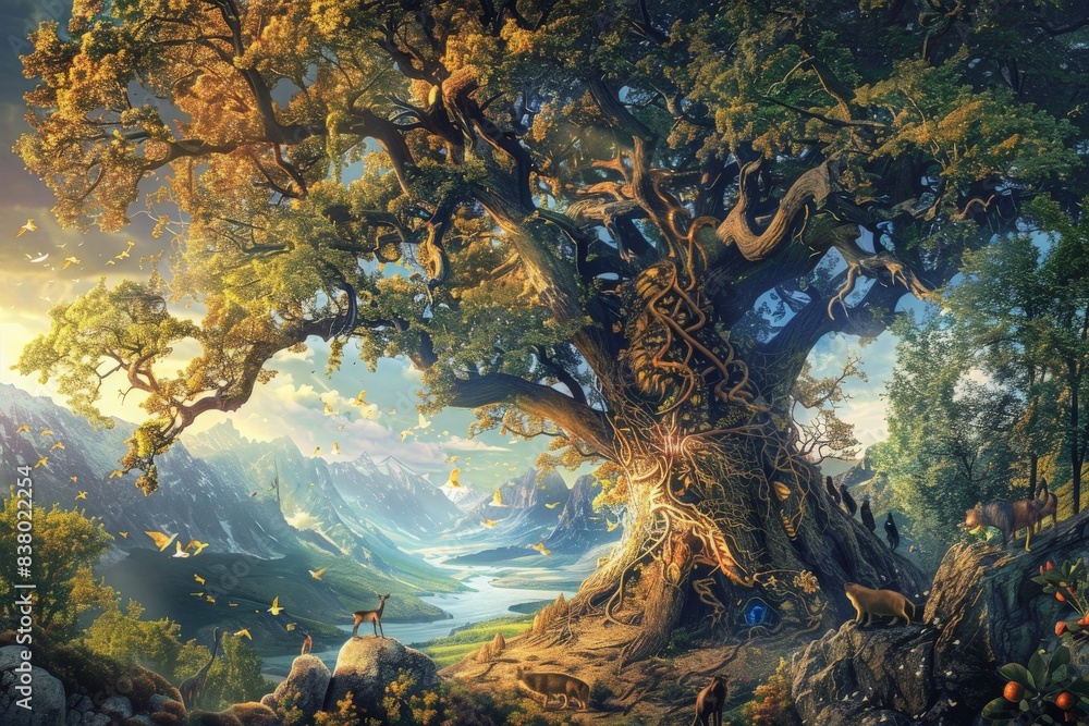 Ancient tree of life with intricate carvings on its trunk and branches ...