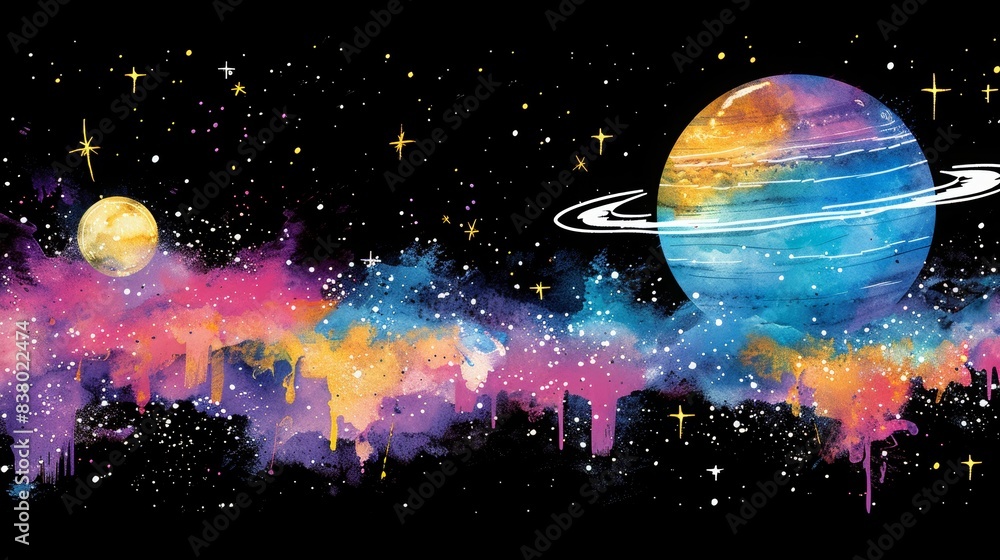 cartoon style space rocket model in universe and dark space with stars ...