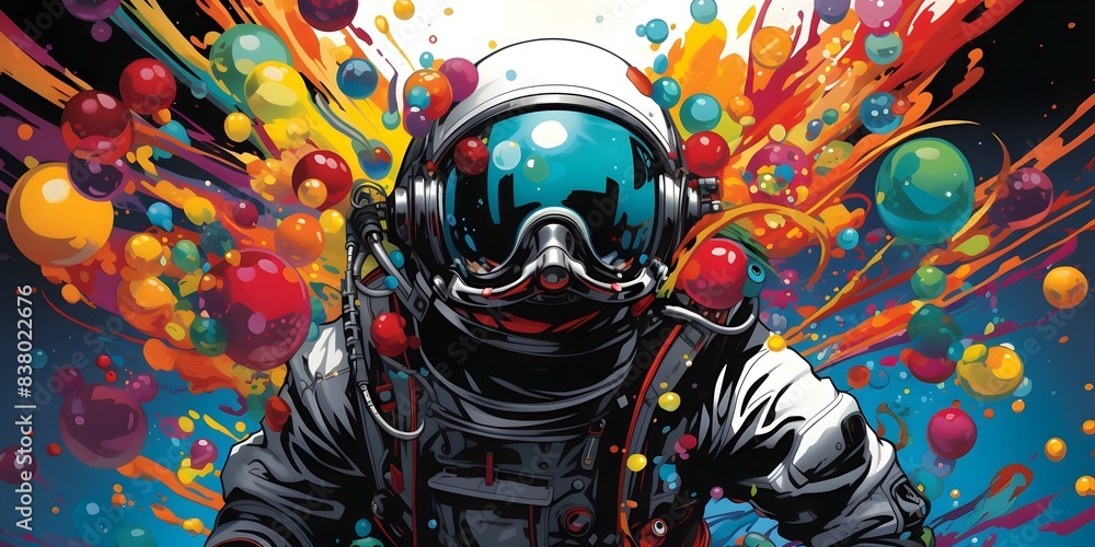 Colorful Pop Art Painting of an Astronaut Surrounded by Bubbles in Space. Concept Space Art, Pop ...