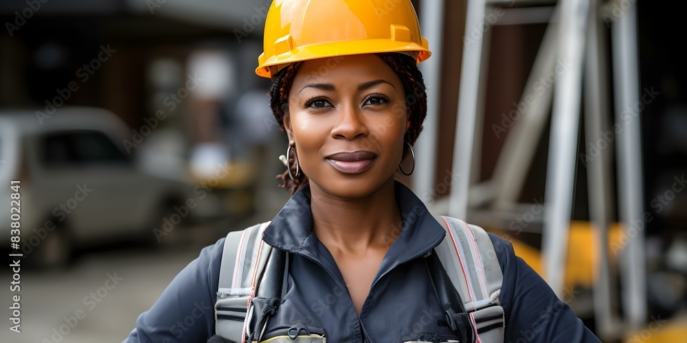 Portrait of black female construction worker against white background ...