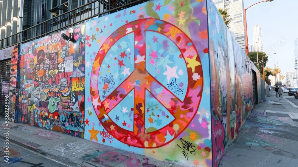 Large peace sign painted on a mural wall in an urban setting ...