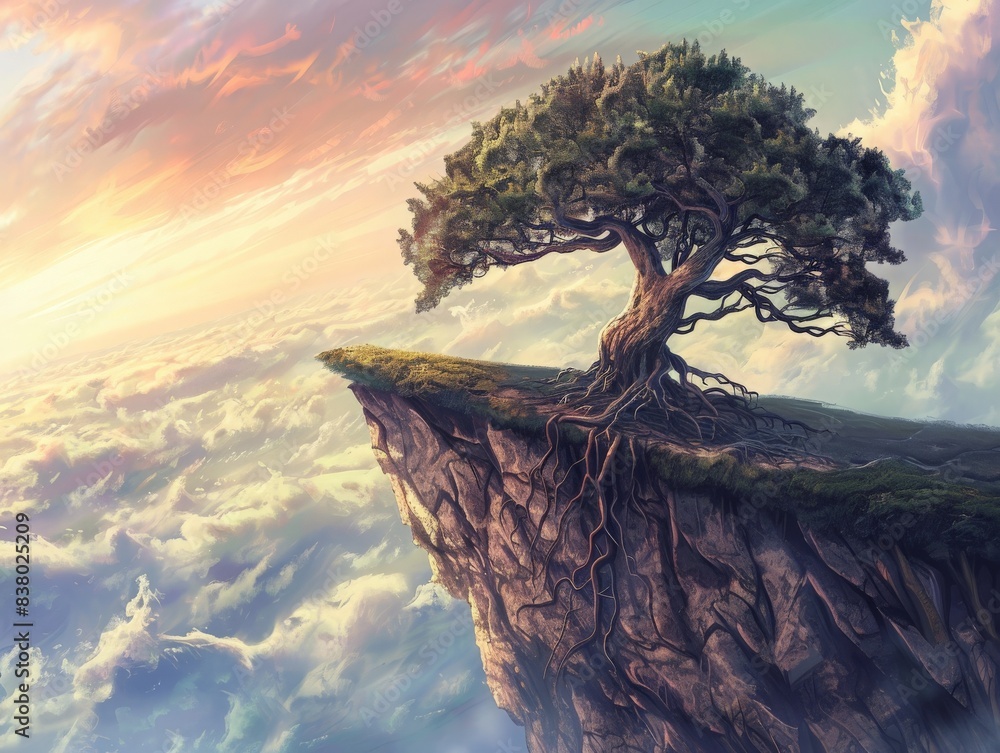 Tree of life on a cliff edge, with roots gripping the rock and branches ...