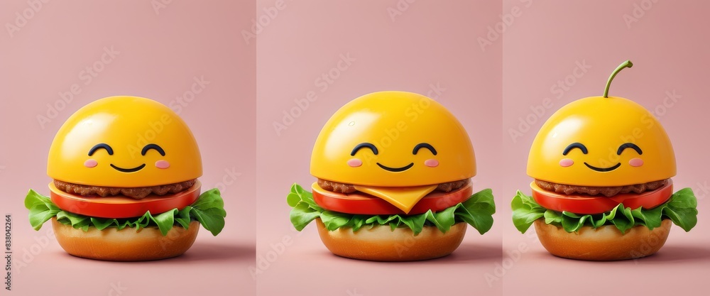 Three adorable burger characters with smiling faces, each featuring ...