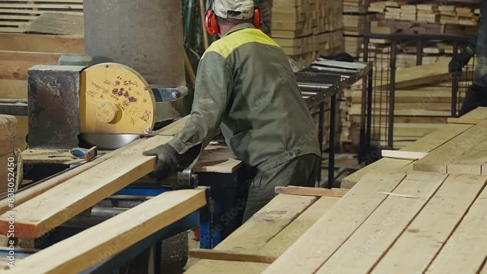 Woodworker dealing with the production of the planks at the factory ...