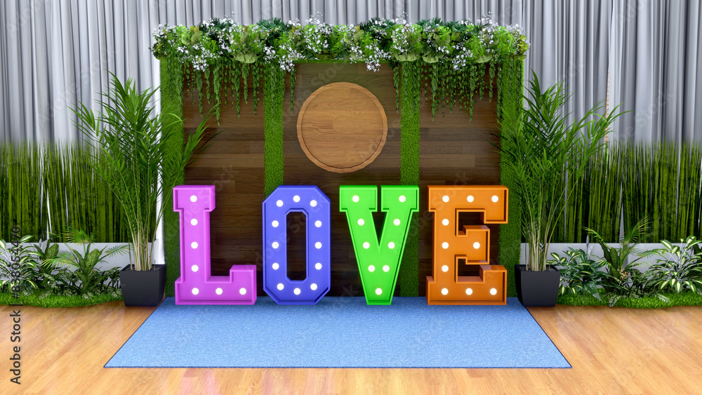 3d illustration backdrop photo booth decoration plants with big text ...