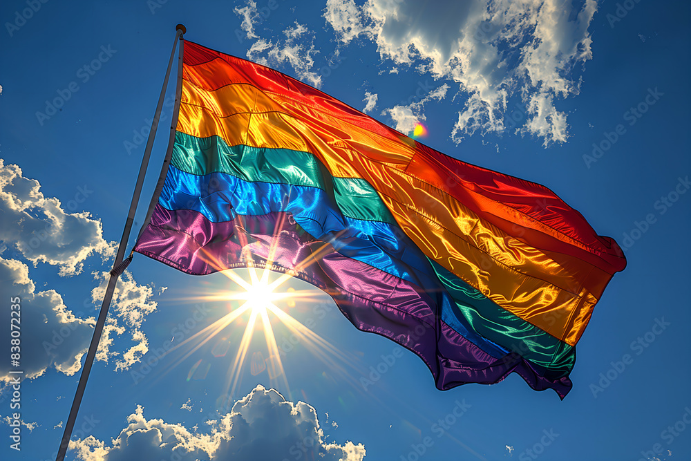 Rainbow LGBT pride flag waving against sunny sky with clouds Stock ...