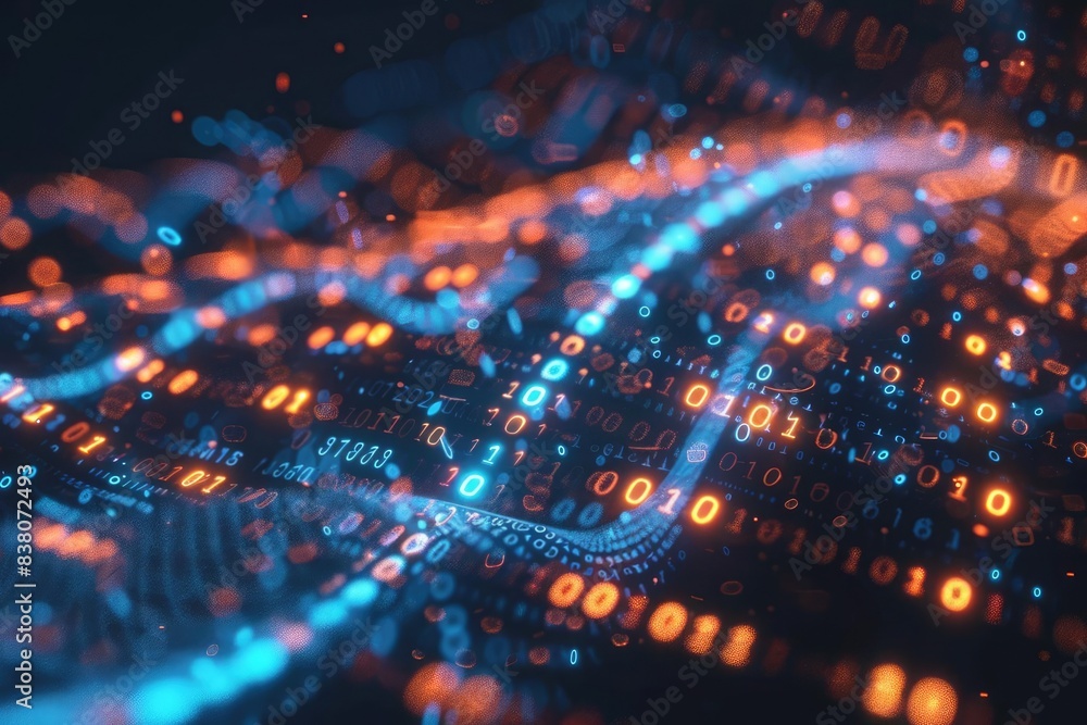 Dynamic digital abstract background featuring blue and orange binary code and data lines ...