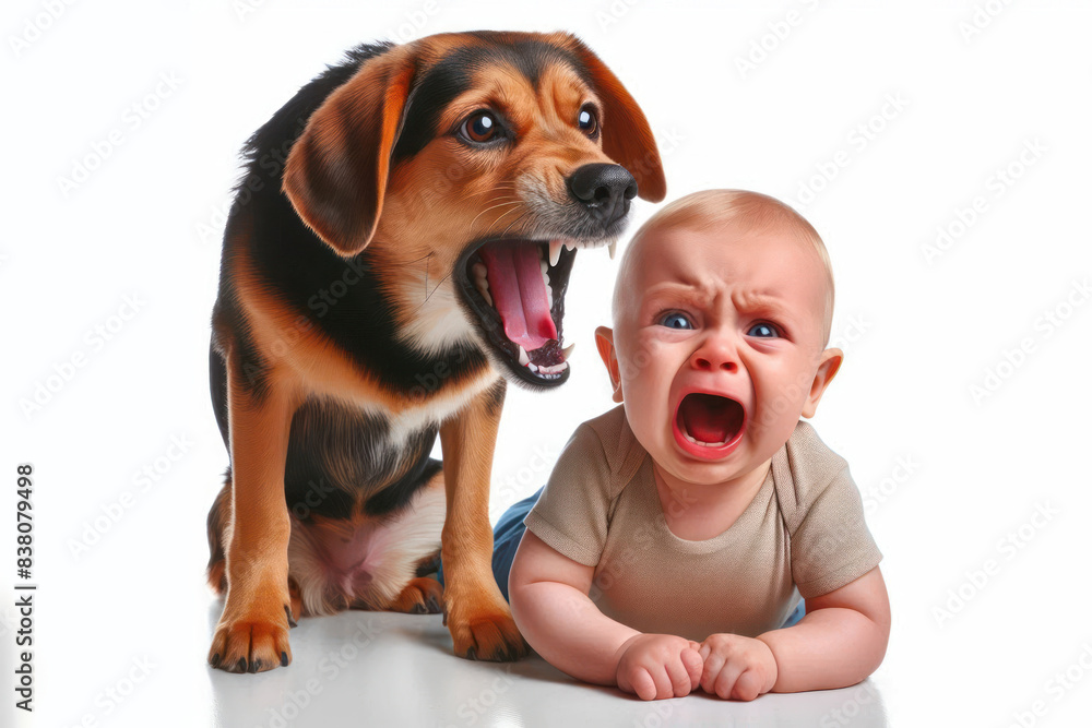 angry dog bark at little crying baby Isolated on white background Stock ...