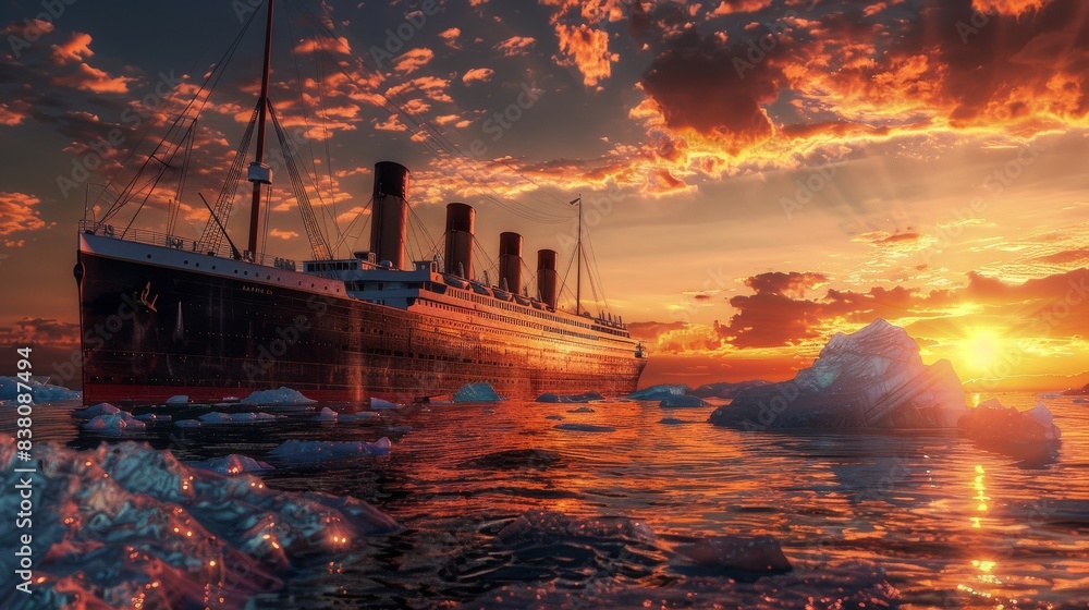 the titanic ship before it sank, ice islands around ship, sunset at sea ...