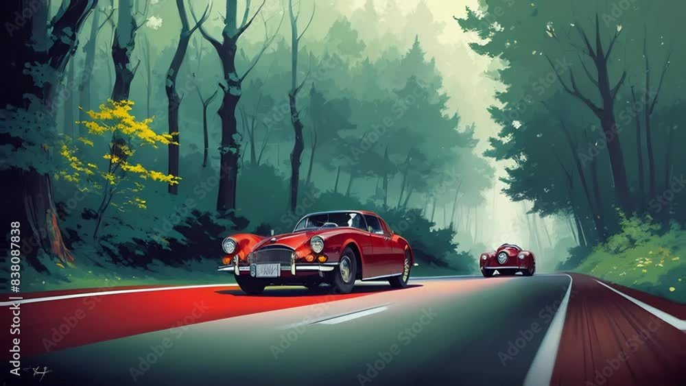 Red vintage car driving in the forest, watercolor paint stains, texture ...