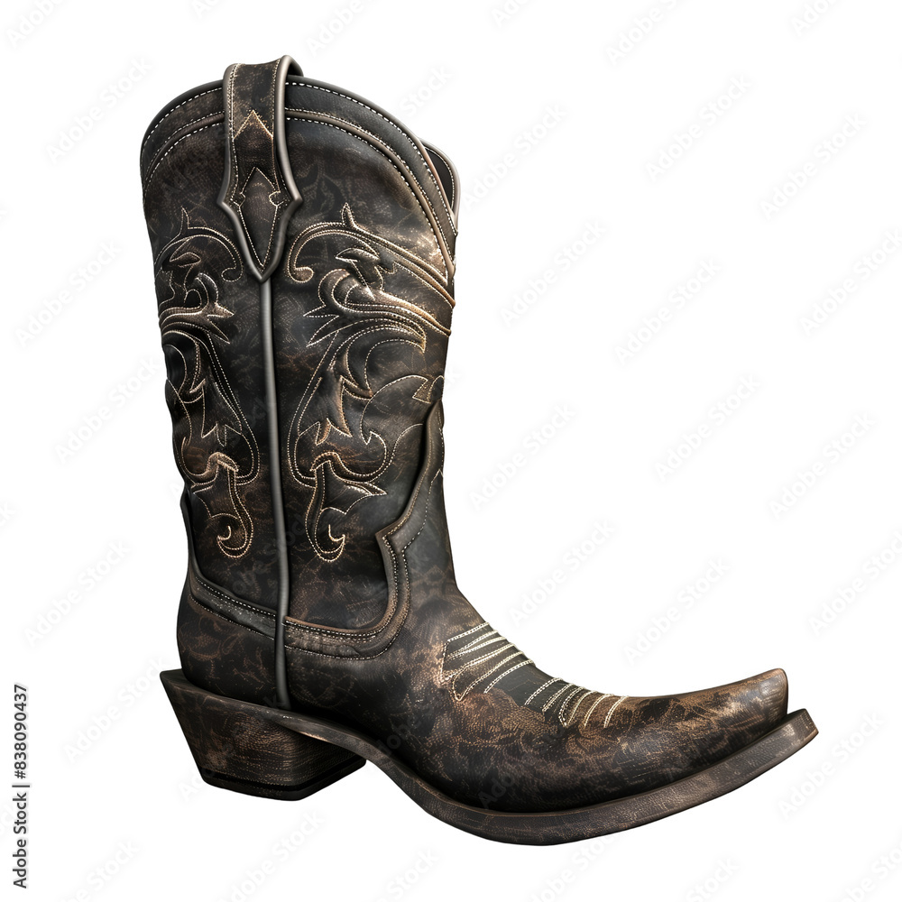 Distressed Brown Leather Cowboy Boot With Gold Stitching, Isolated on a ...