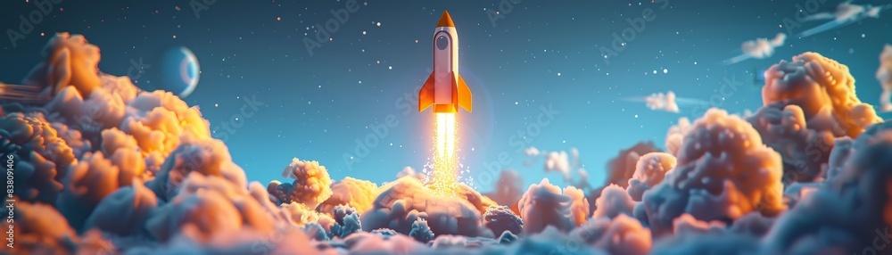 Rocket Launching into Space Amidst Colorful Clouds and Starry Sky ...