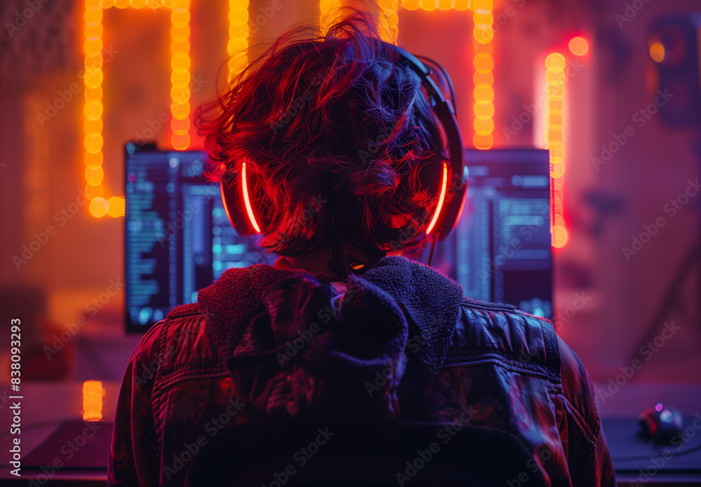 Gaming, a gamer sitting in front of his multiple screen, headphones on ...