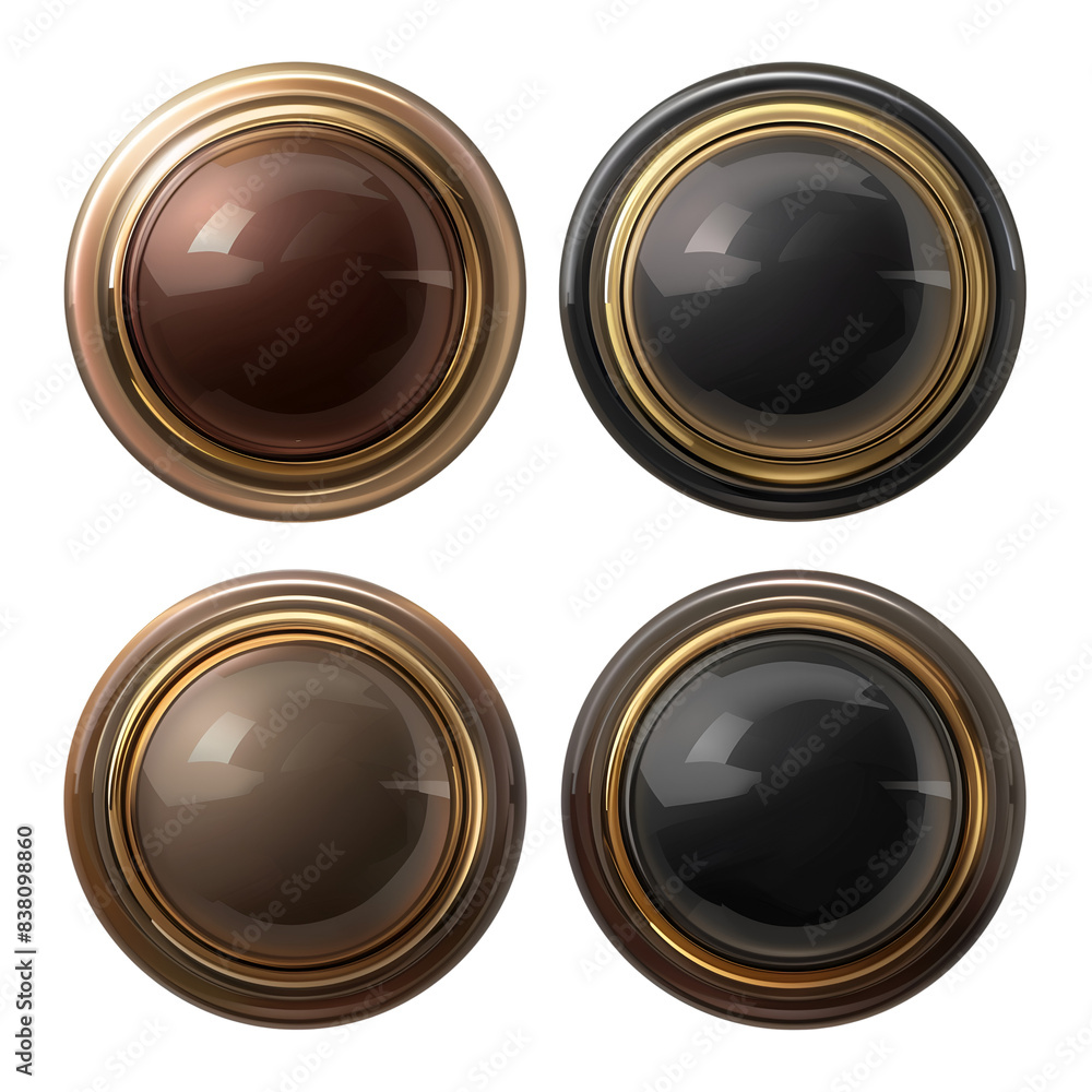 Four Decorative Round Buttons With Gold Accents and Various Colors ...