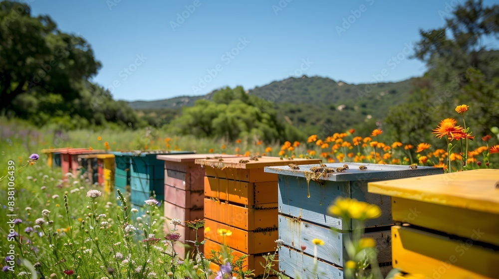 Colorful beehives in an open field, surrounded by wildflowers and trees ...