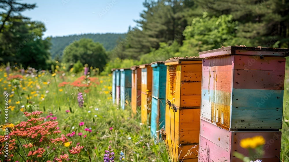 Colorful beehives in an open field, surrounded by wildflowers and trees ...