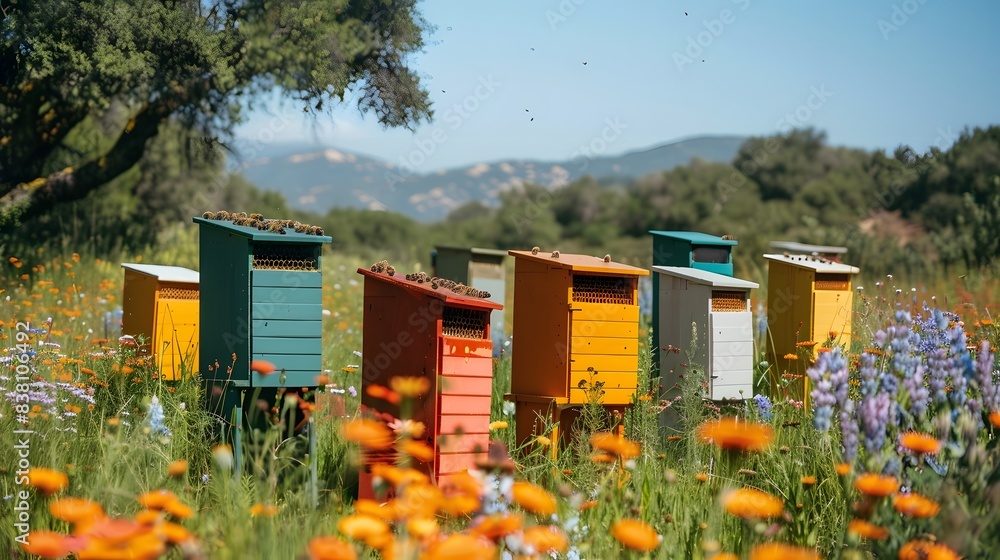 Colorful beehives in an open field, surrounded by wildflowers and trees ...