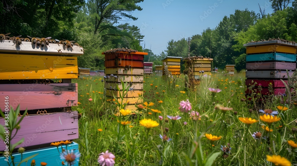 Colorful beehives in an open field, surrounded by wildflowers and trees ...