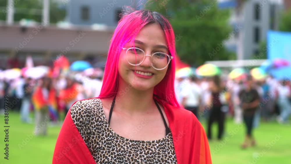 Young beautiful asian lesbian with pride movement LGBT holding rainbow ...