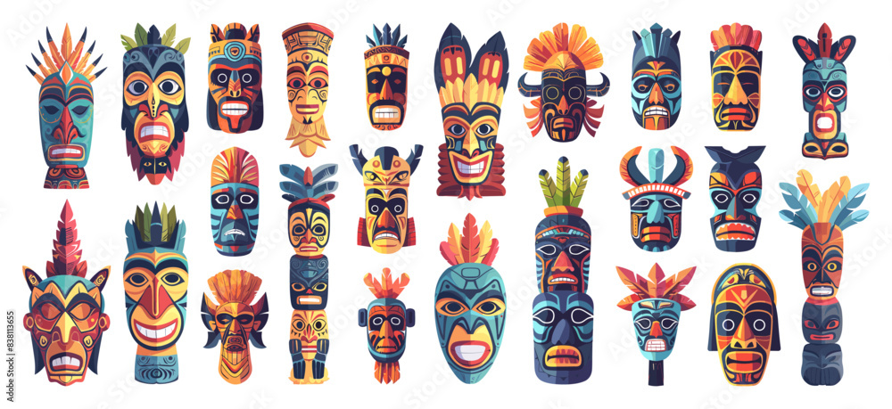 Cartoon Totem Pole Mask Icons Set. Colorful Illustrations of Tribal ... Cartoon Totem Pole Mask Icons Set. Colorful Illustrations of Tribal ...