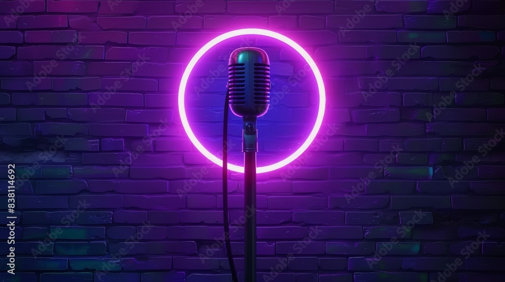 A modern realistic neon sign of a microphone frame logo for decor or ...